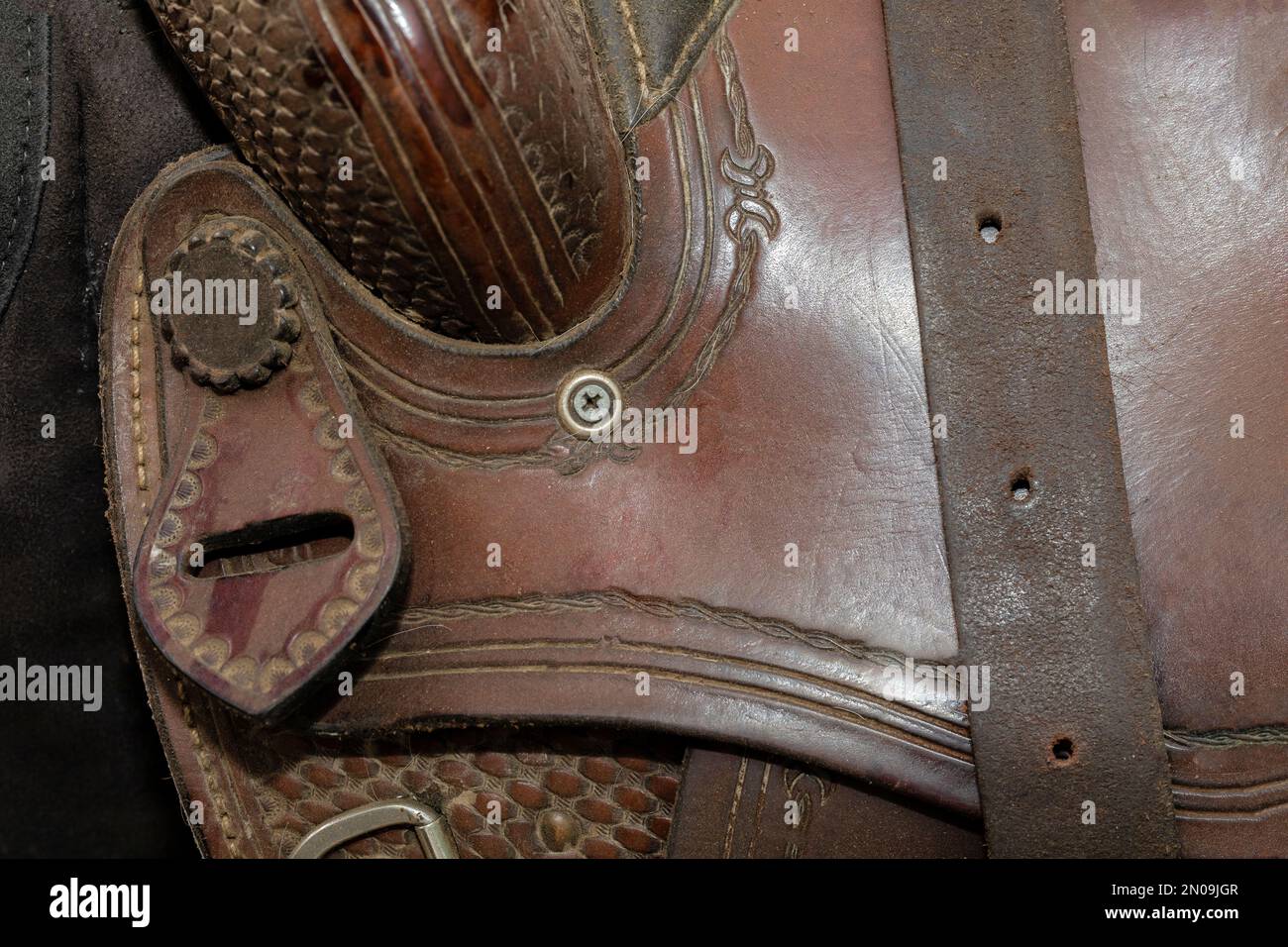 Leather horse saddle design close up background texture. Brown cowboy ...