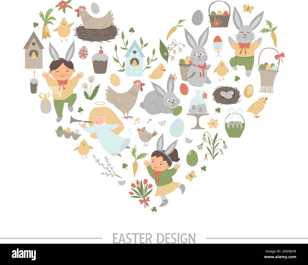 Vector Easter heart shaped frame with bunny, eggs and happy children ...