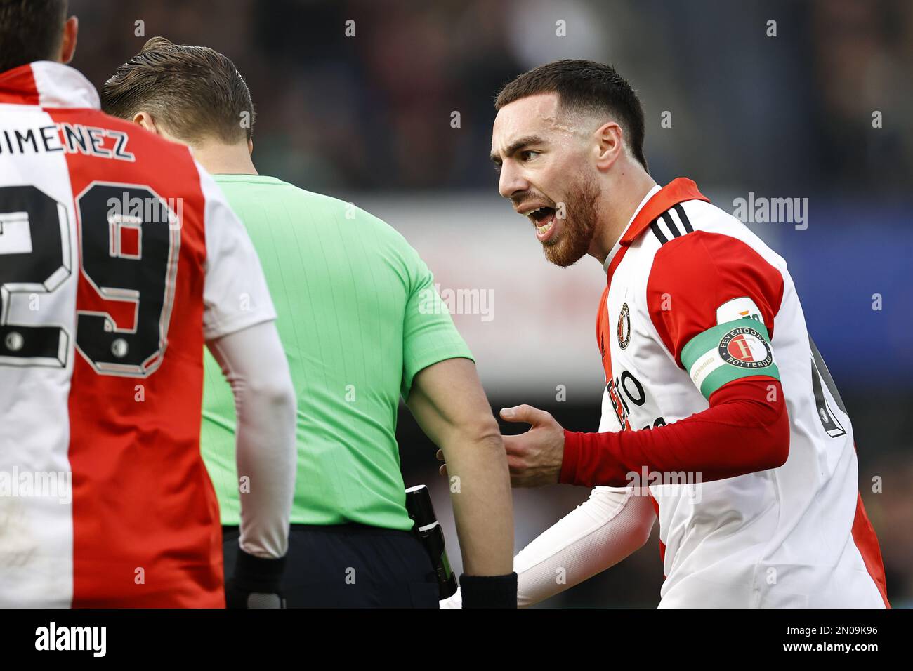 ROTTERDAM - (LR) referee Danny Makkelie, Orkun Kokcu of Feyenoord during the Dutch premier ...