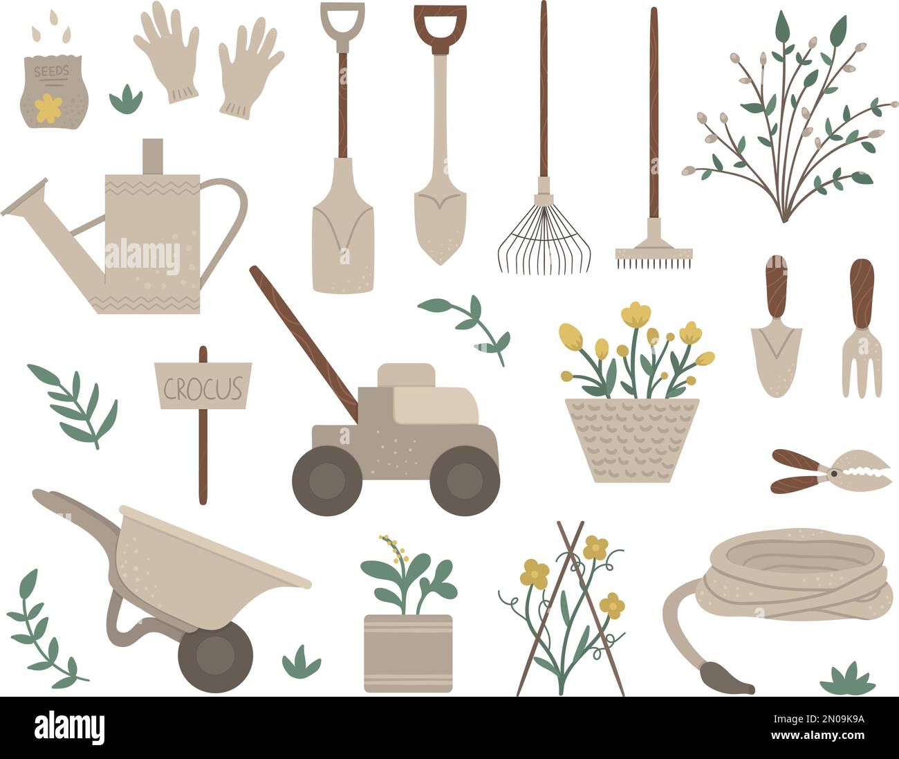 Vector set of colored garden tools, flowers, herbs, plants. Collection ...
