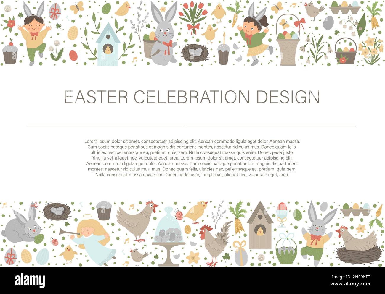Vector Easter horizontal layout frame border with bunny, eggs and happy ...