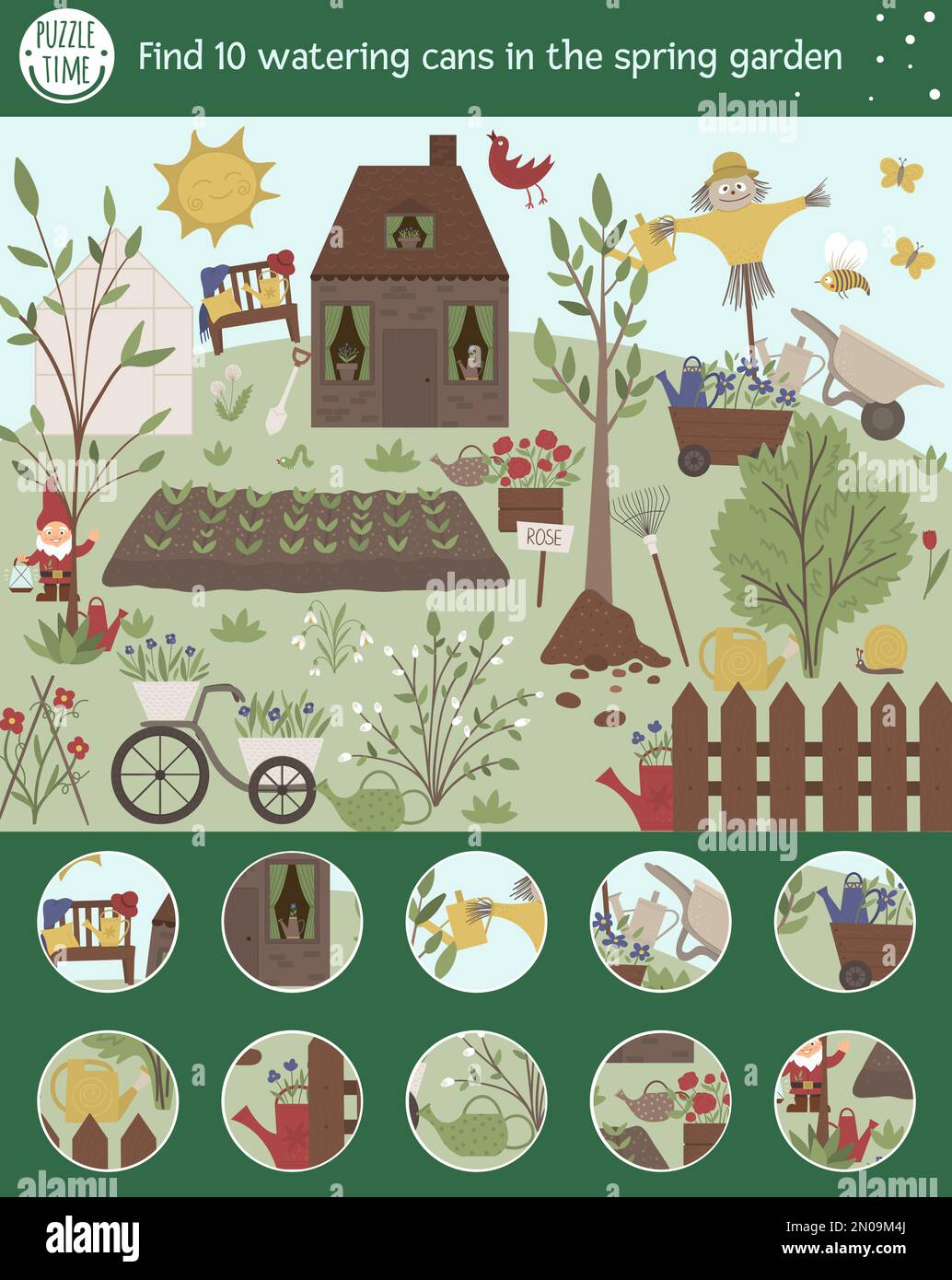 Vector searching game for children with watering cans in spring garden ...