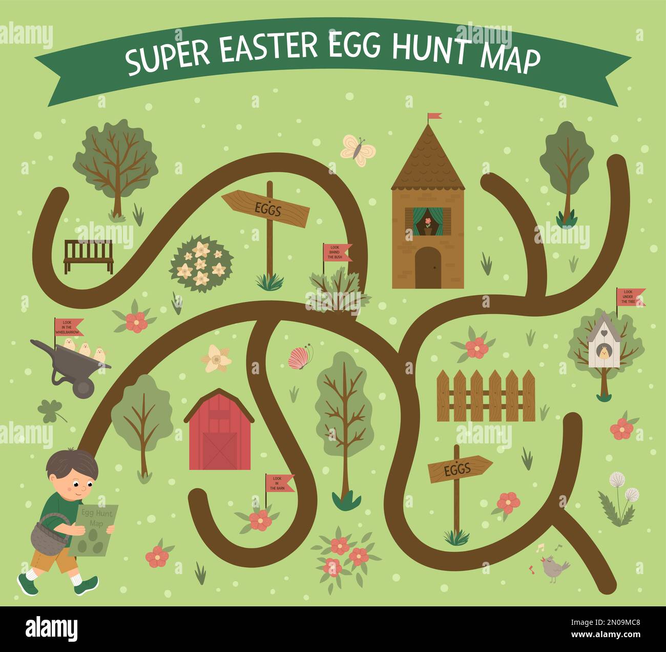 Easter Egg Hunt Map Set Of Flat Spring Cartoon Elements Vector Garden