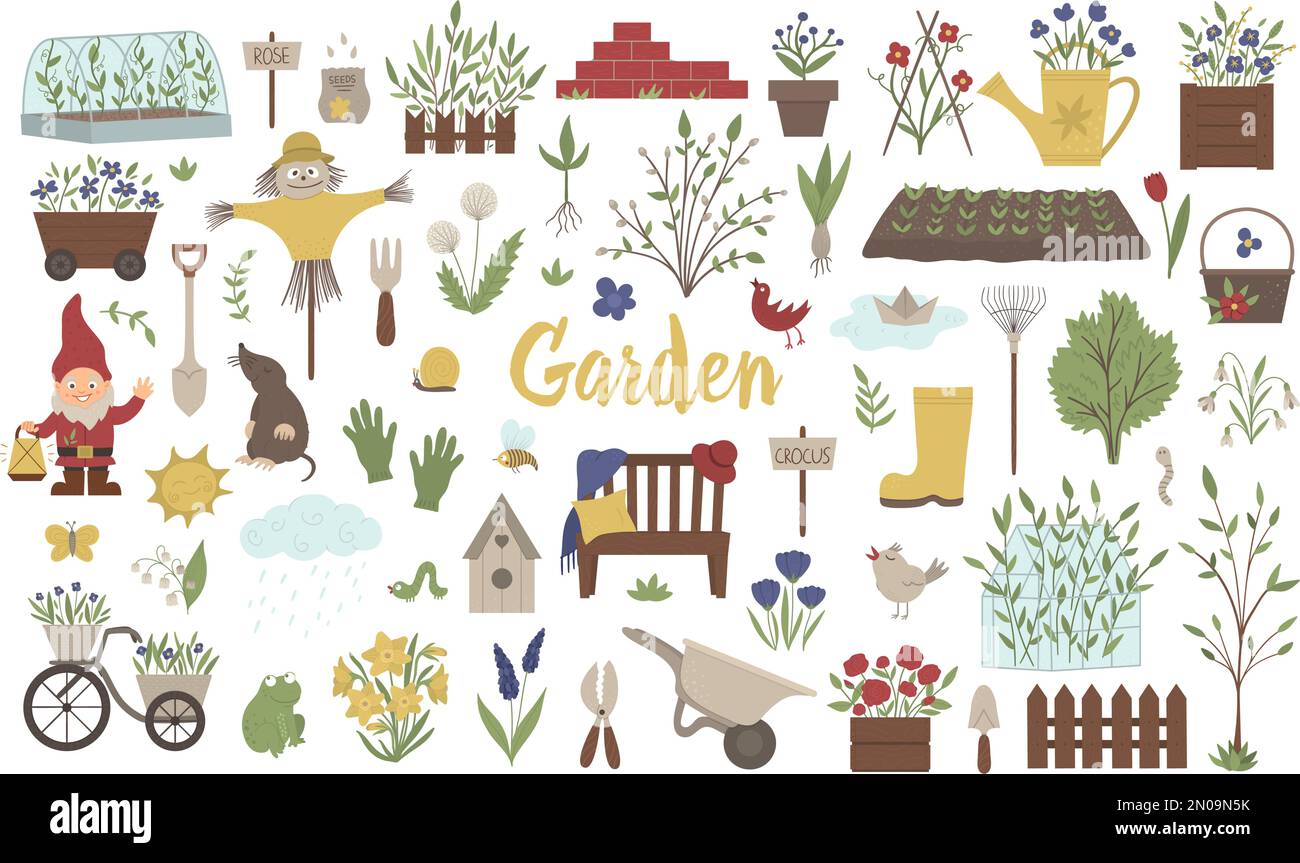 Vector big set of colored garden things, tools, flowers, herbs, plants ...