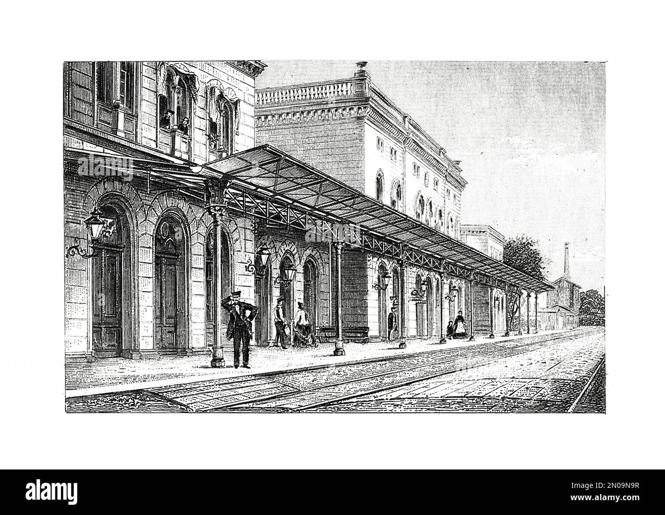 Antique 19th-century engraving depicting station buildings in XIX ...
