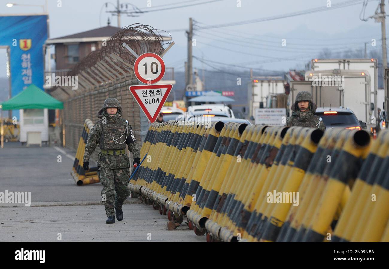 In this Feb. 11, 2016, file photo, South Korean soldiers walk on ...