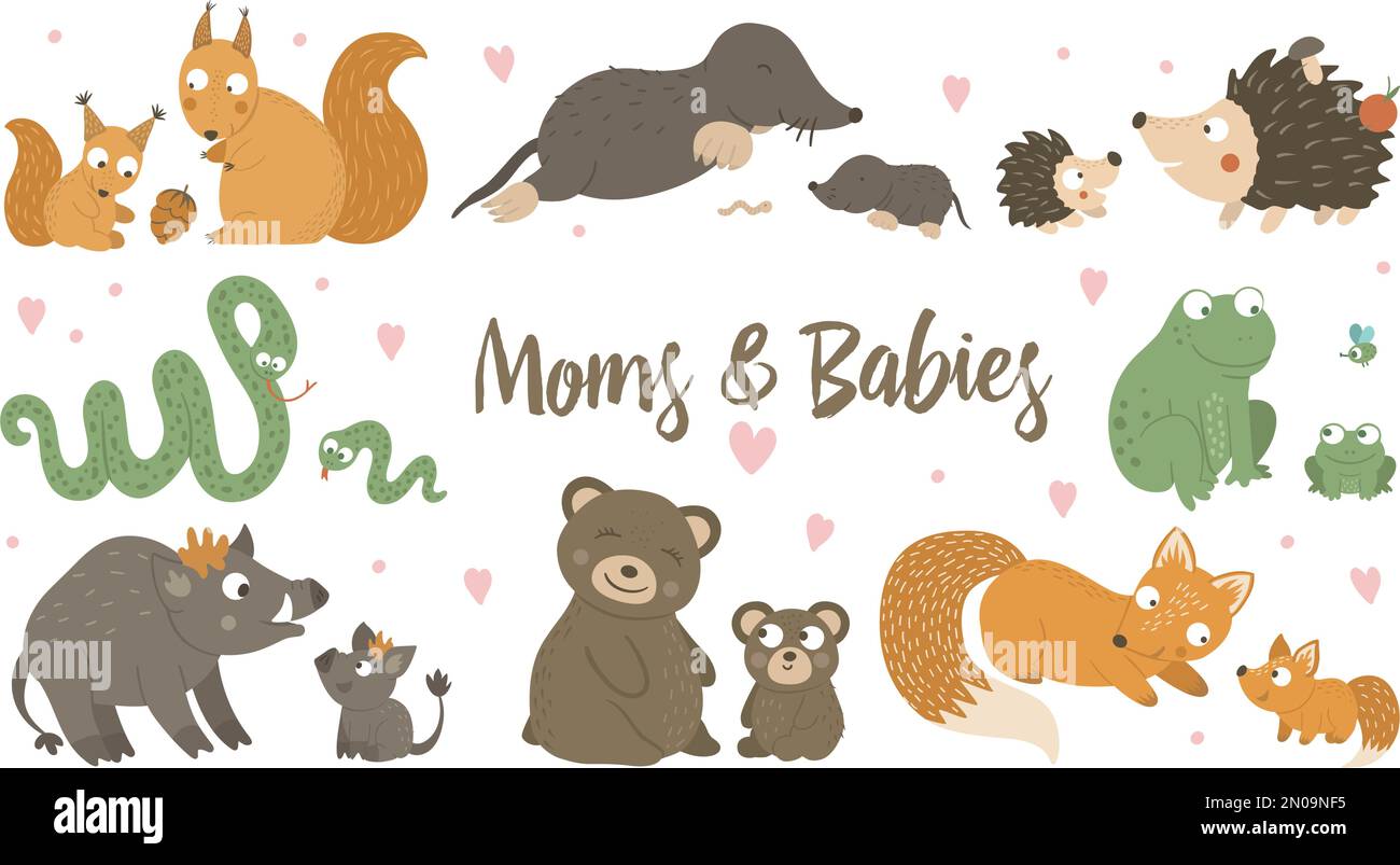 Vector set of hand drawn flat baby animals with parents. Funny woodland ...