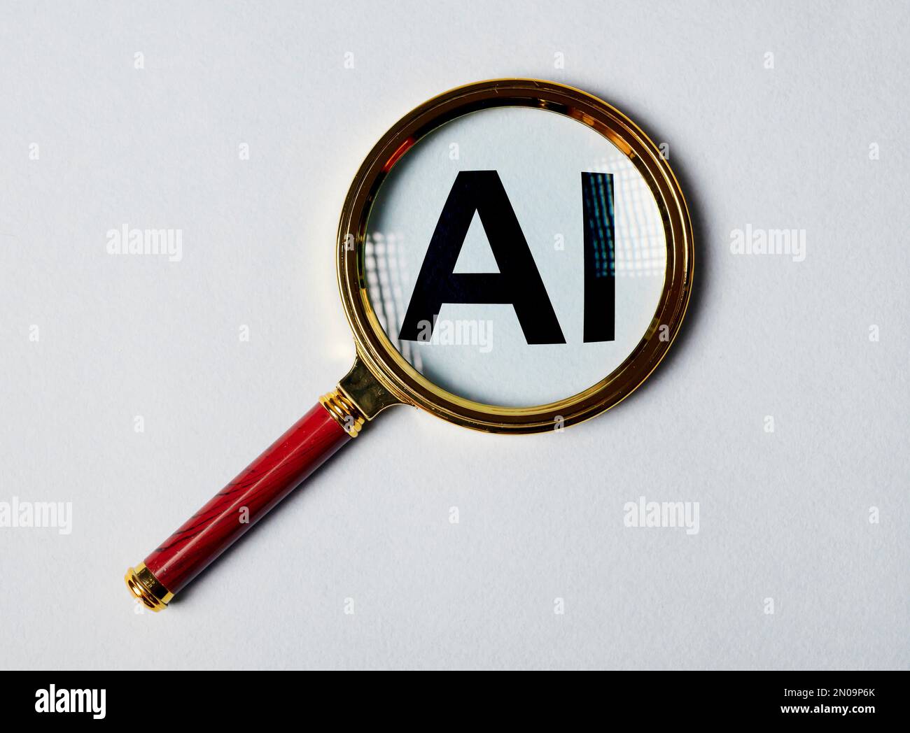 AI artificial intelligence research, study through magnifying glass, lens, magnifier. High ...