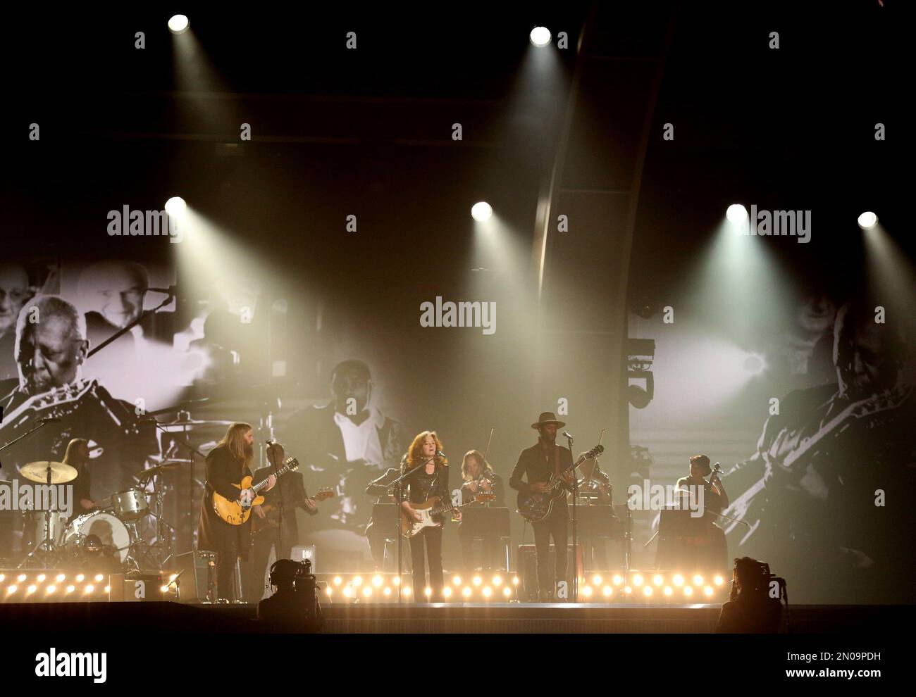 Chris Stapleton, from left, Bonnie Raitt, and Gary Clark Jr. perform a ...