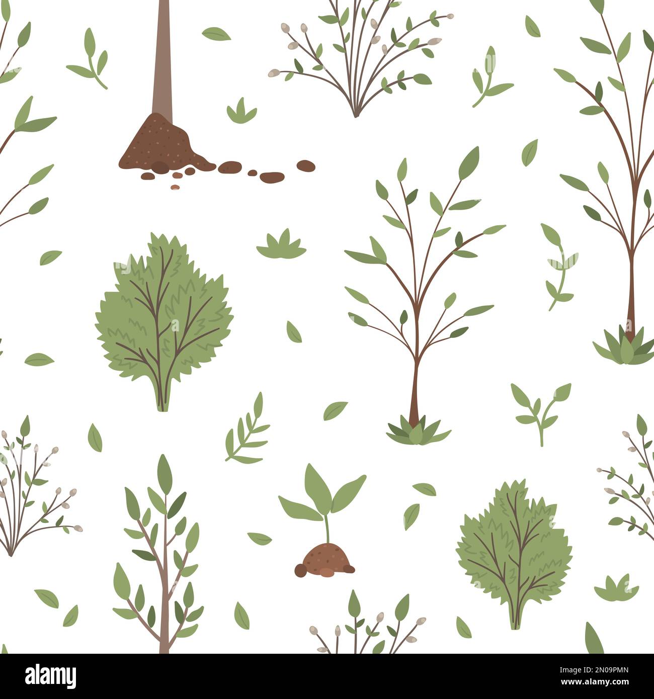 Vector seamless pattern with trees, plants, shrubs, bushes, twigs. Flat ...