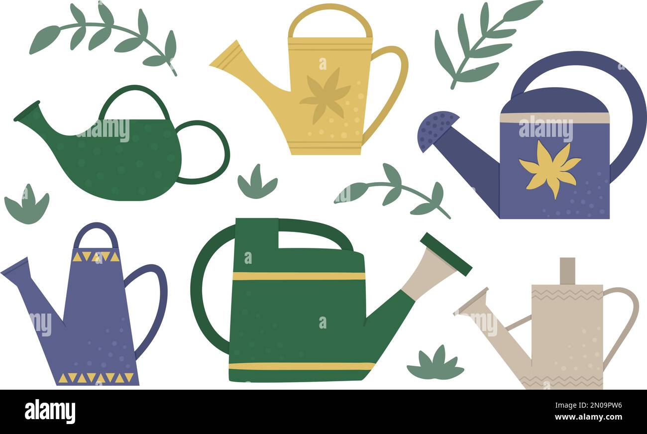 Vector set of flat trendy watering cans. Garden equipment collection ...