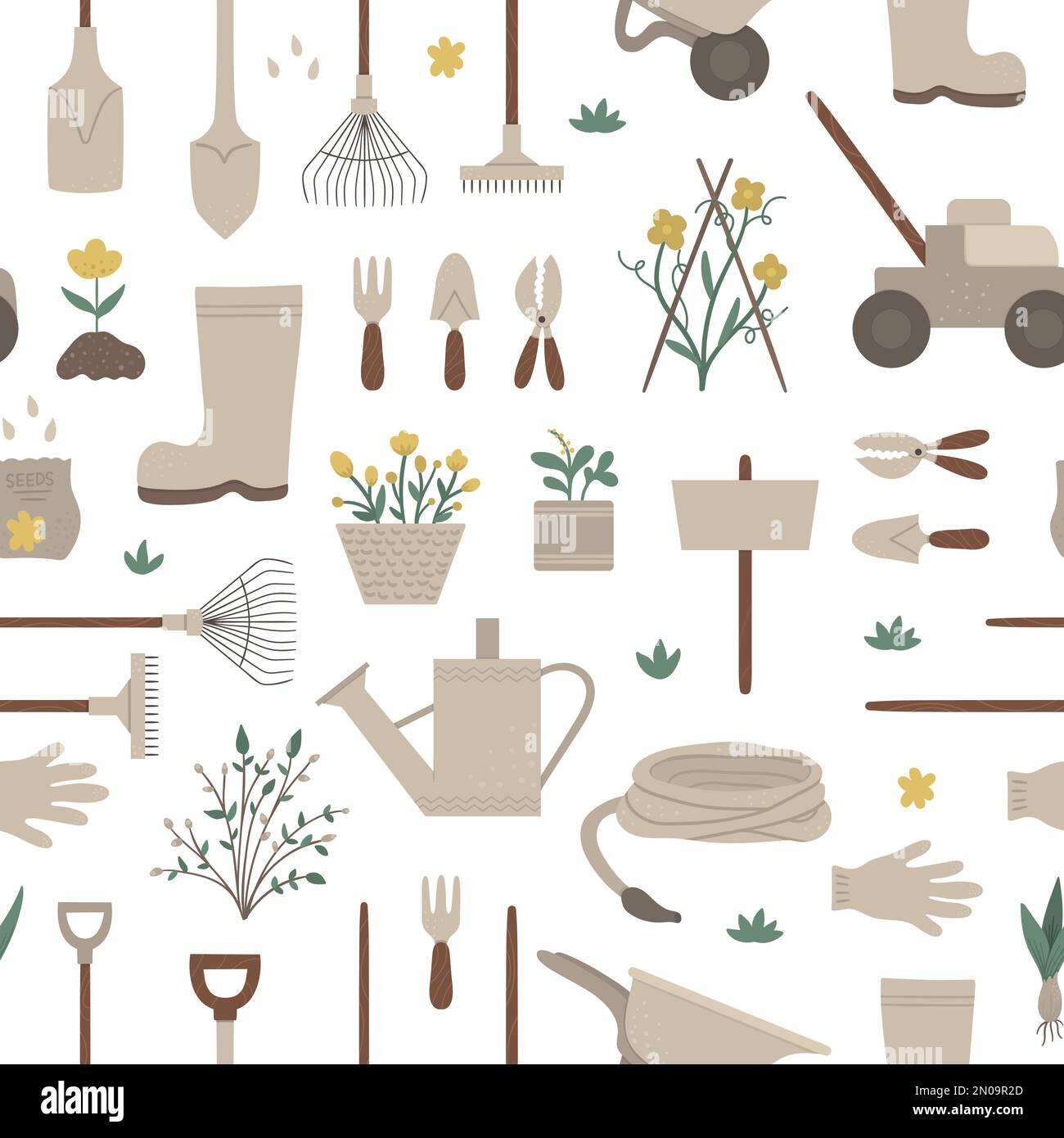 Vector geometric seamless pattern with garden tools, flowers, herbs ...