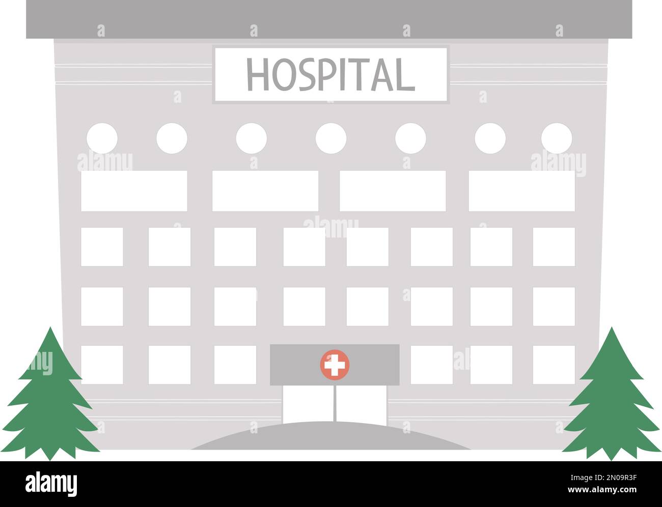 Vector hospital building icon with fir trees isolated on white ...