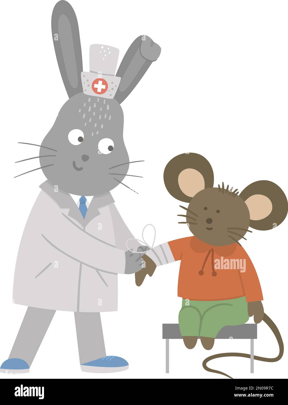Vector animal doctor treating patient. Rabbit applying bandage to mouse ...