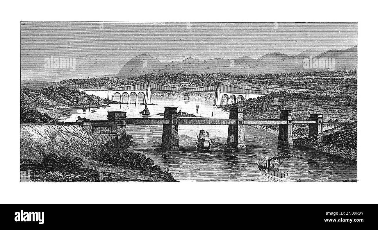 Antique 19th-century illustration of Britannia Bridge between the ...