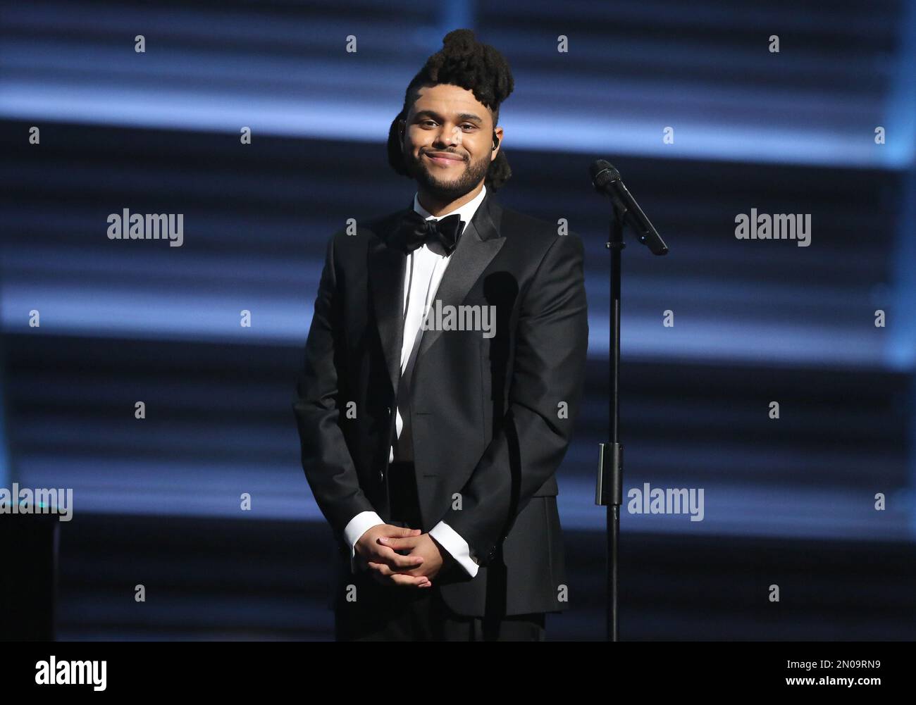 The Weeknd smiles at the 58th annual Grammy Awards on Monday, Feb. 15 ...