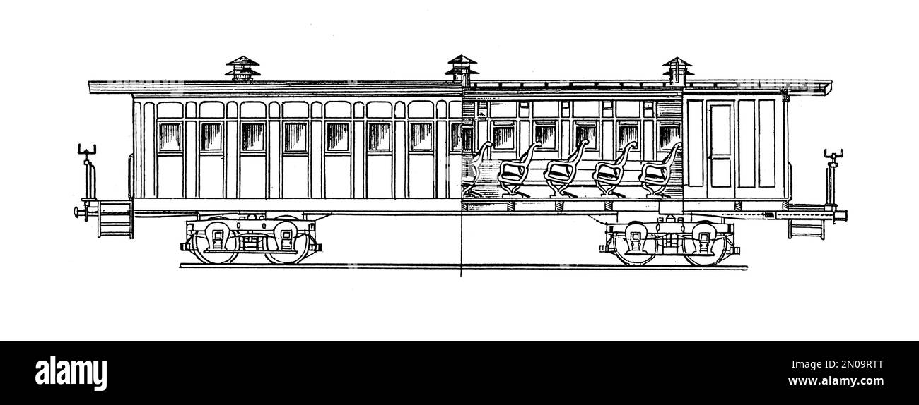 Antique 19th-century illustration of passenger car in XIX century ... Antique 19th-century illustration of passenger car in XIX century ...