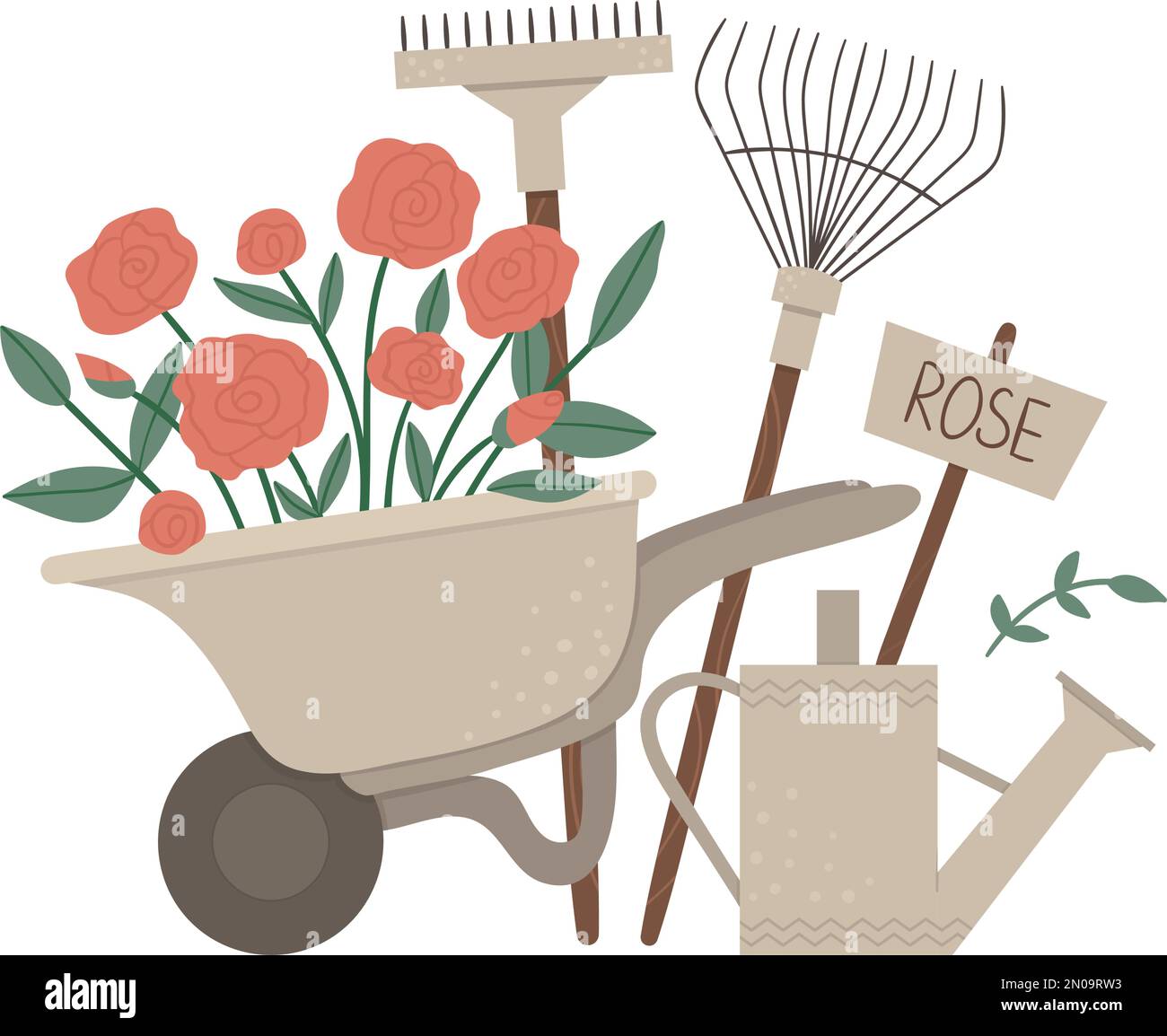 Vector illustration of colorful garden wheel barrow with rose flowers ...