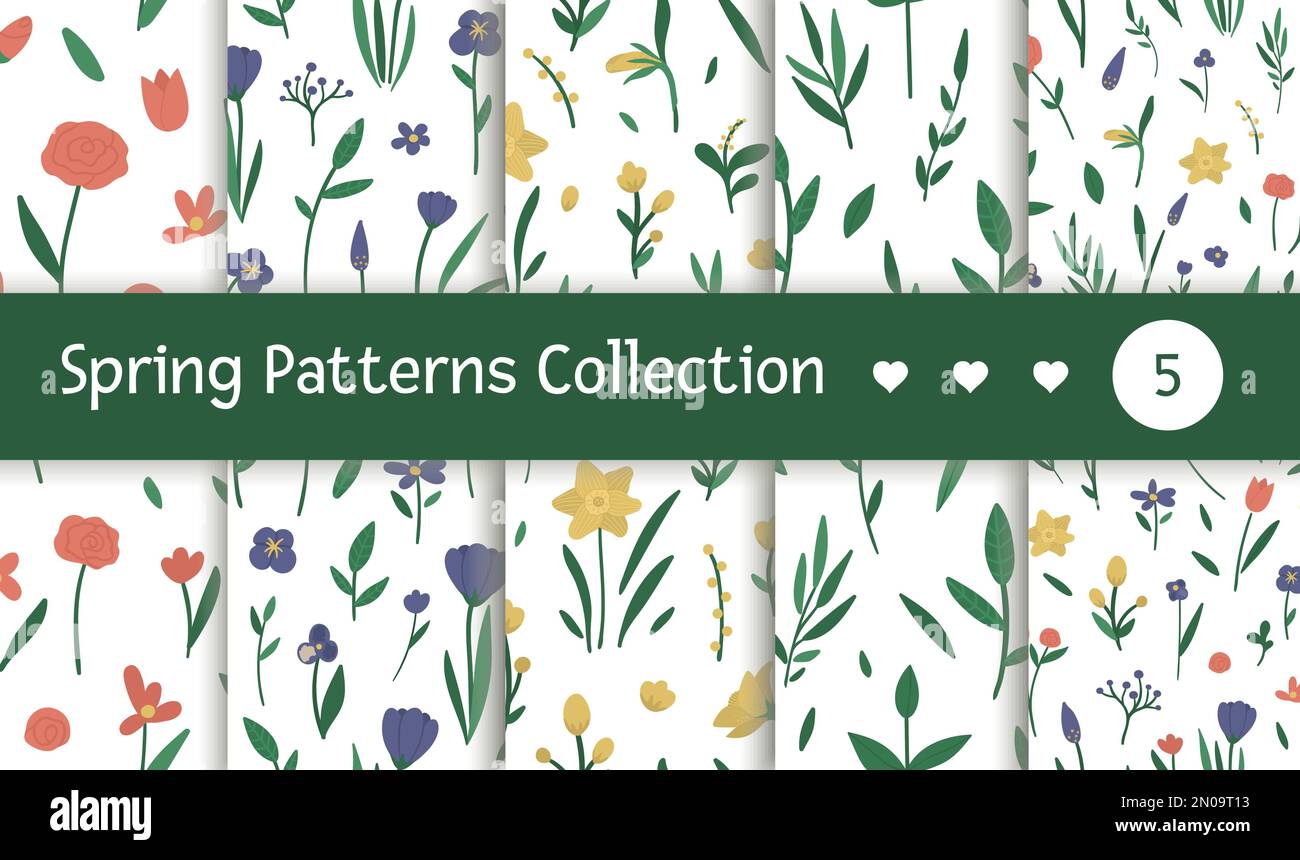 Vector set of seamless patterns with different flower elements. Pack of ...