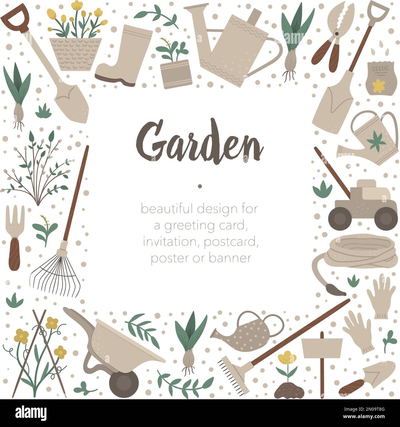 Vector square frame with garden tools, flowers, herbs, plants ...
