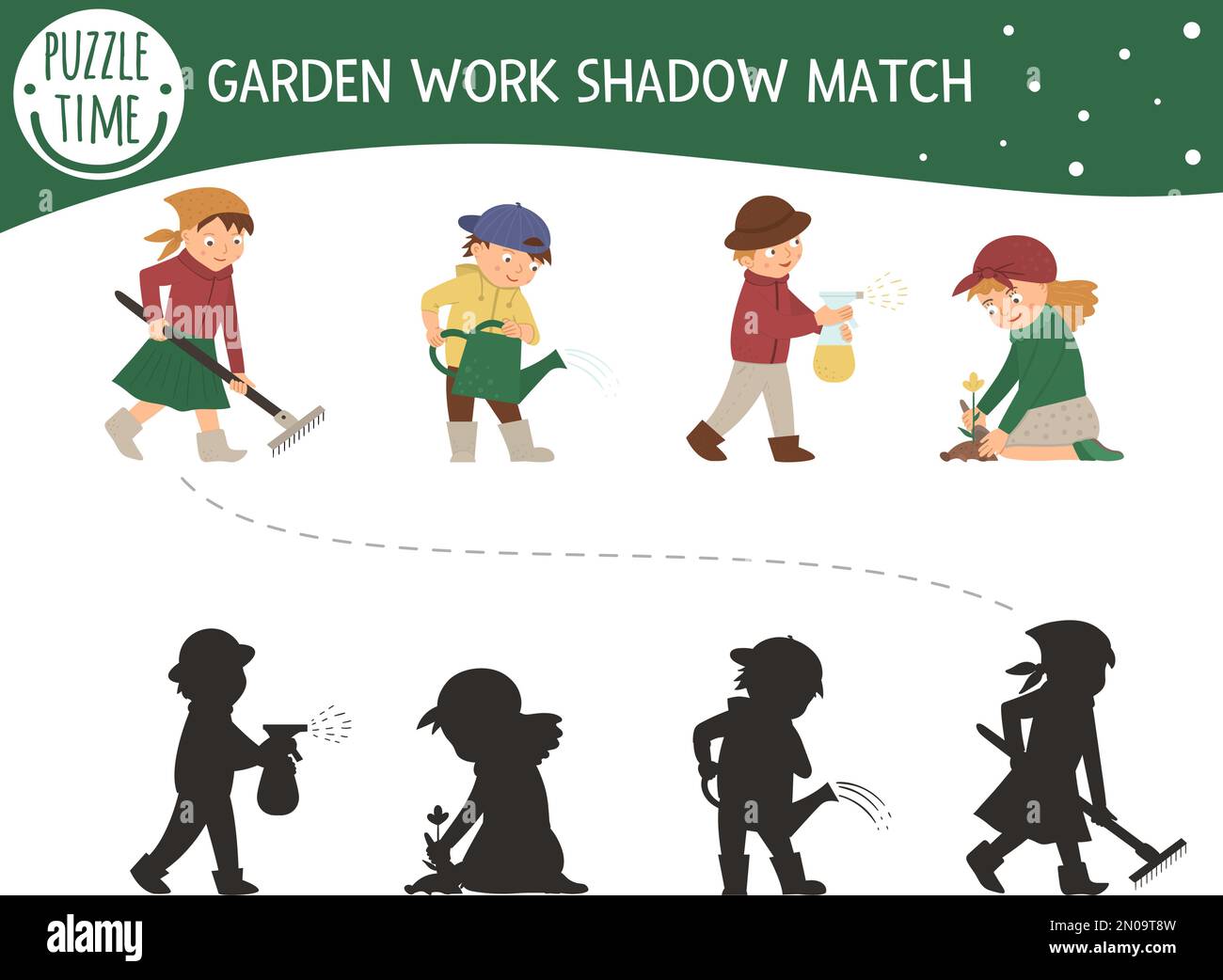 Shadow matching activity with children in the garden. Preschool puzzle ...