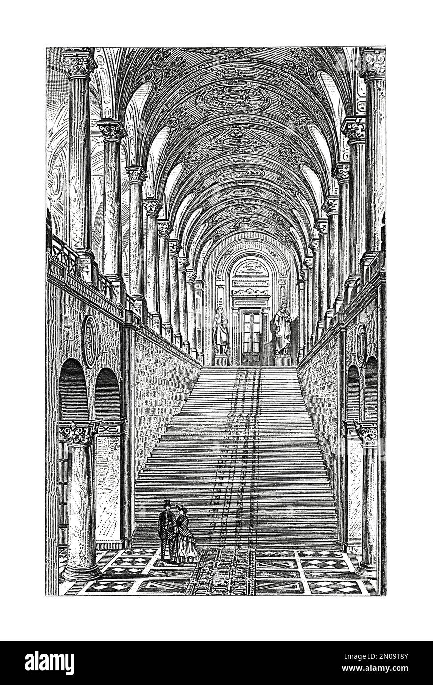 Antique 19th-century illustration depicting the stairway of the ...