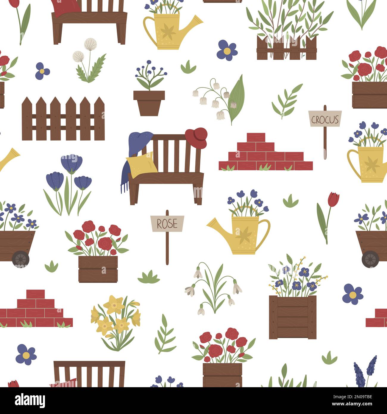 Vector seamless pattern with garden bench, flowers, flower beds, herbs ...