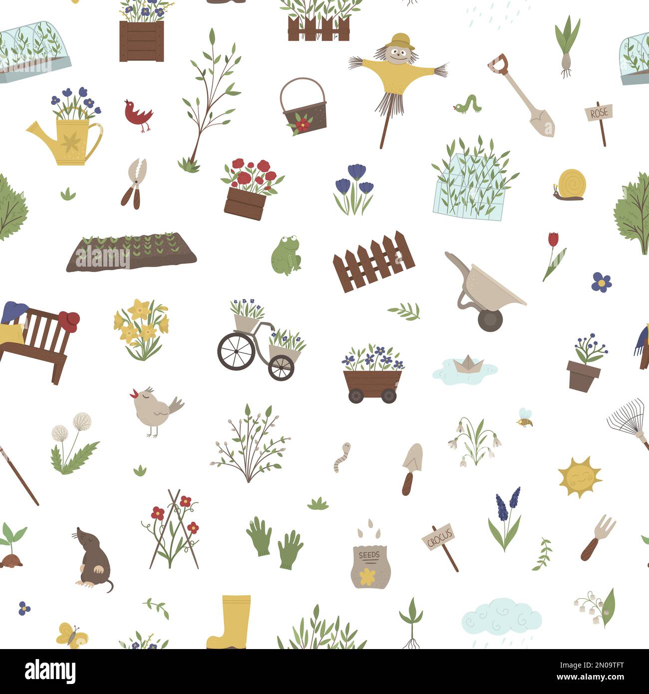 Vector seamless pattern with garden things, tools, flowers, herbs ...