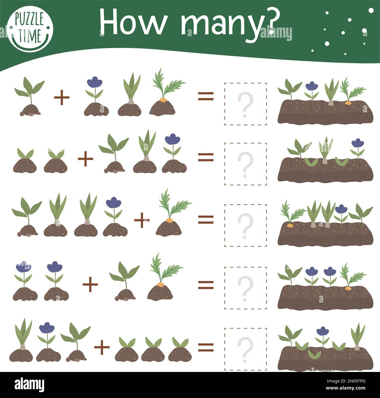 Math game with plants in a bed. Spring mathematic activity for ...