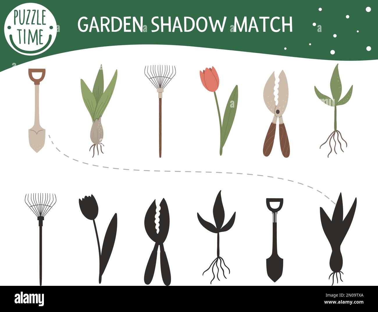 Shadow matching activity for children with garden tools and young ...