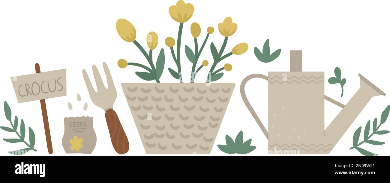 Vector illustration of colorful garden tools with flowers and plants ...