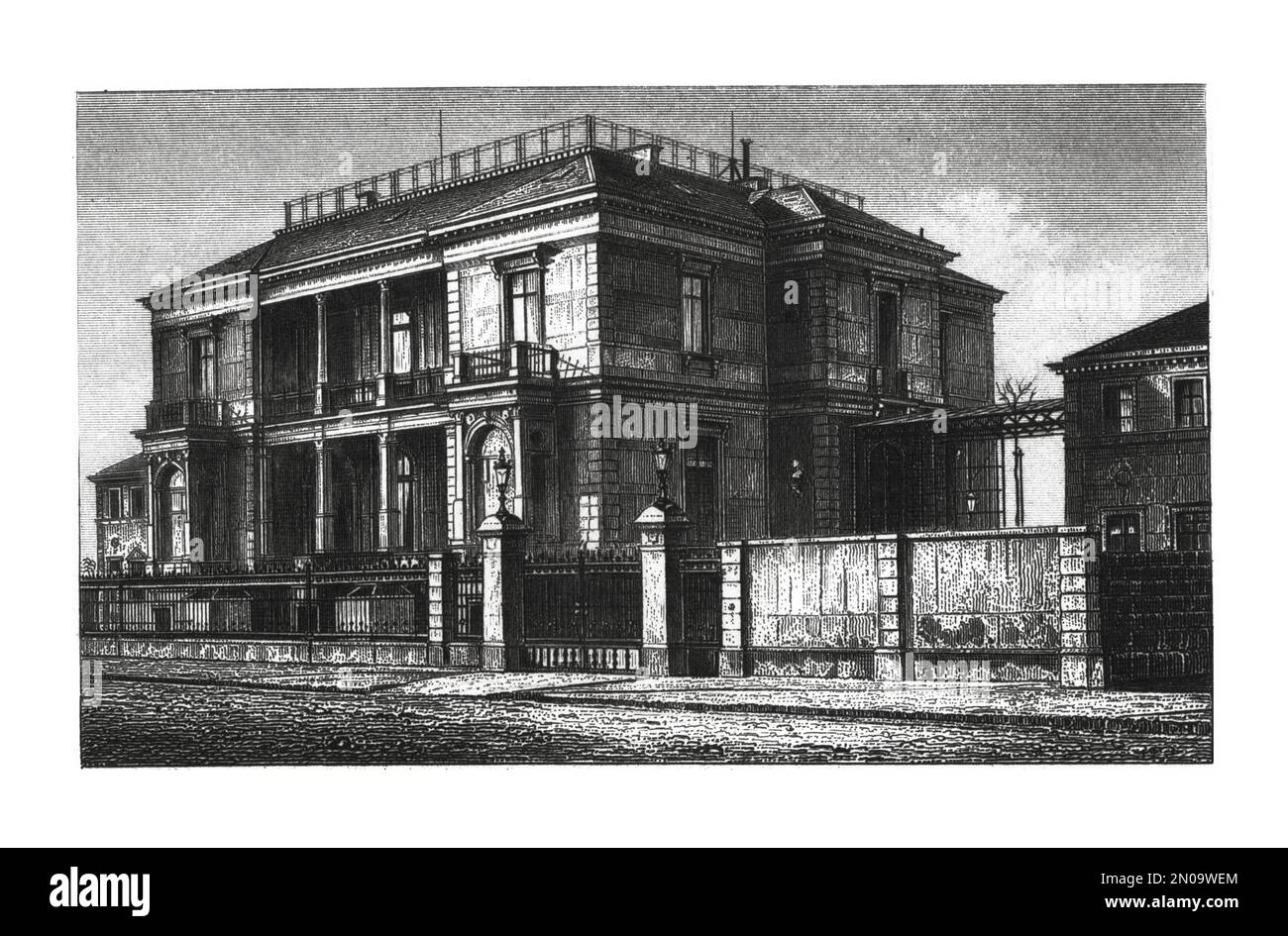 Antique illustration depicting a free-standing suburban house in ...