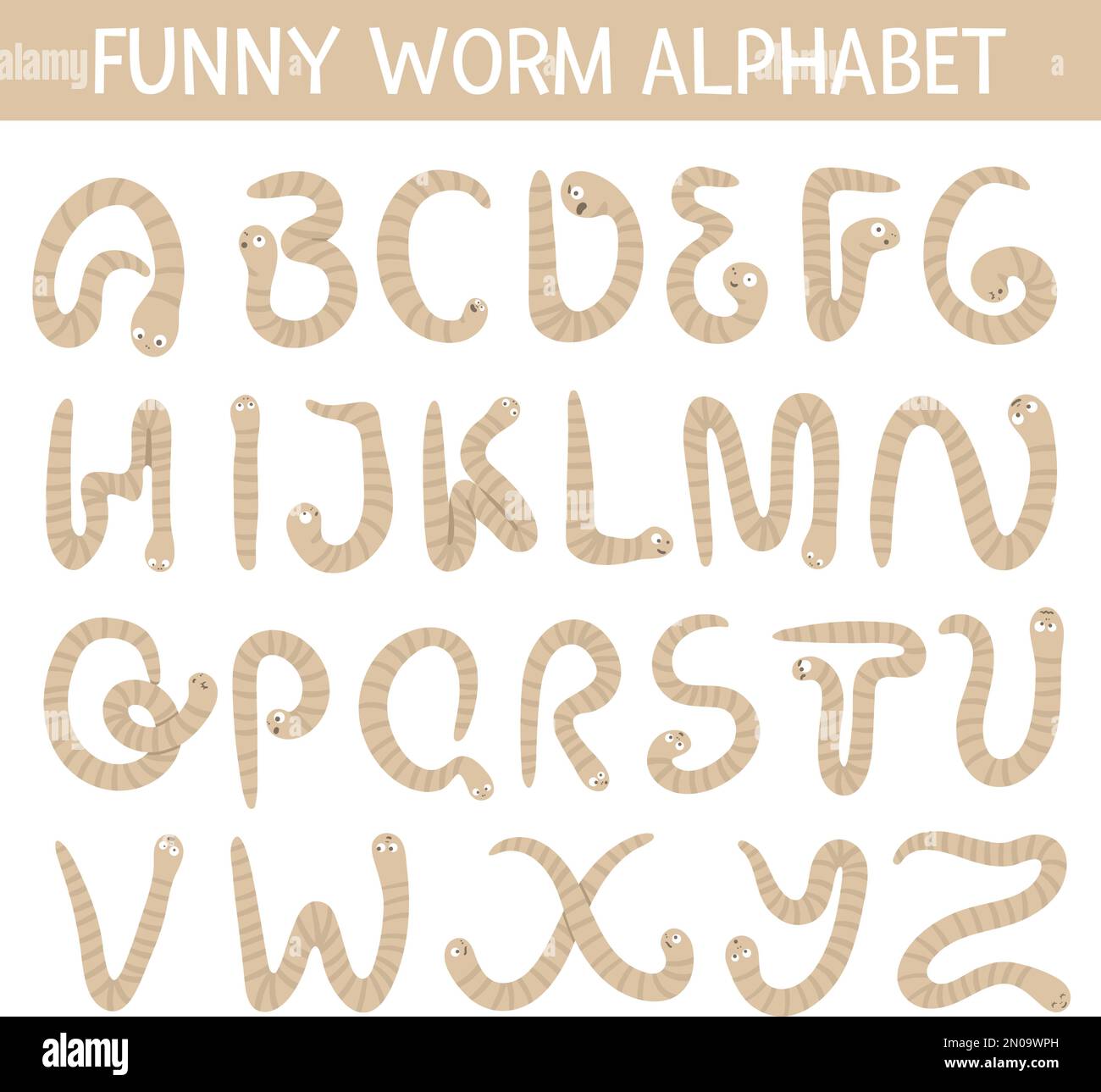 Spring garden themed alphabet for children with worms. Cute flat ABC ...