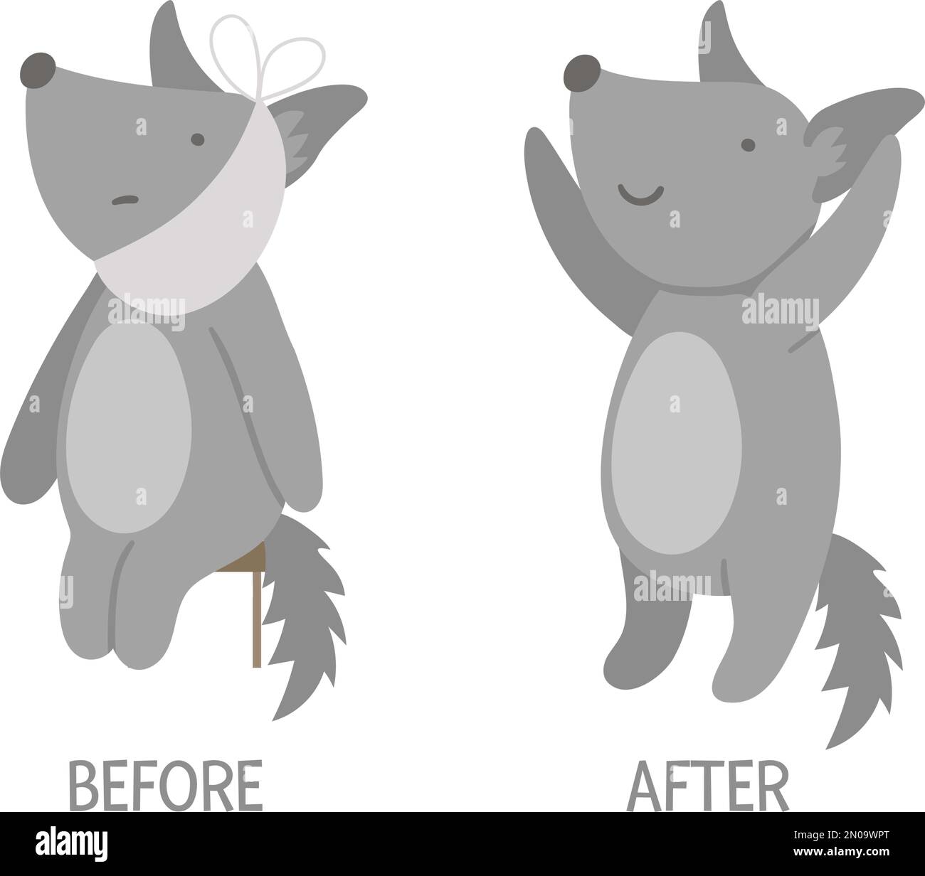 Vector ill animal versus healthy. Cute wolf with bandage on its face ...