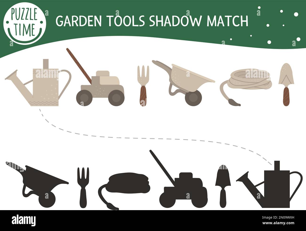 Shadow matching activity for children with garden tools. Preschool ...
