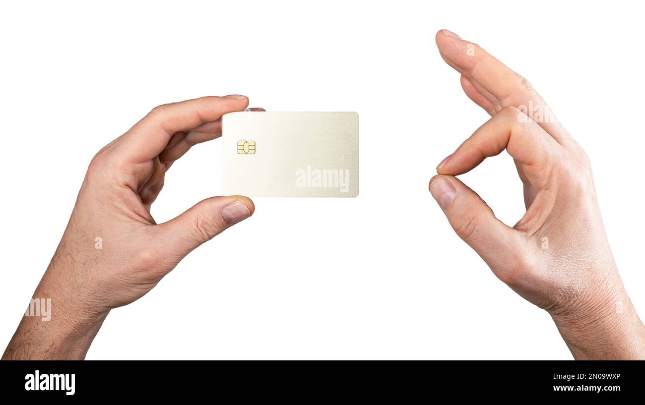 Bank credit plastic card mock-up in hand. Blank bankcard with chip, OK ...