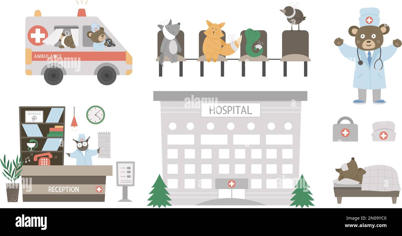 Vector medical set with animals. Cute funny hospital building ...