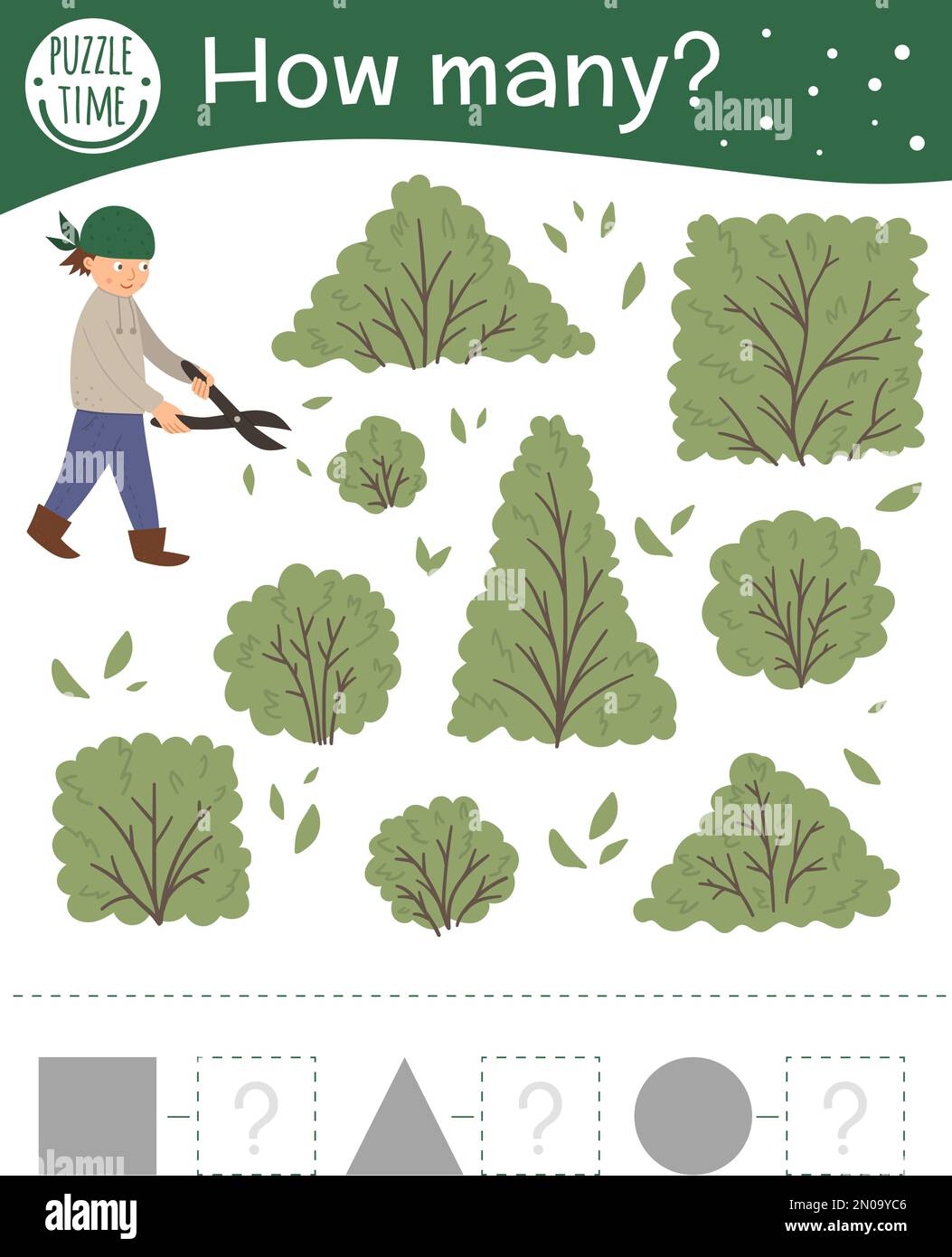 Counting game with boy cutting shrubs. Spring math activity for ...