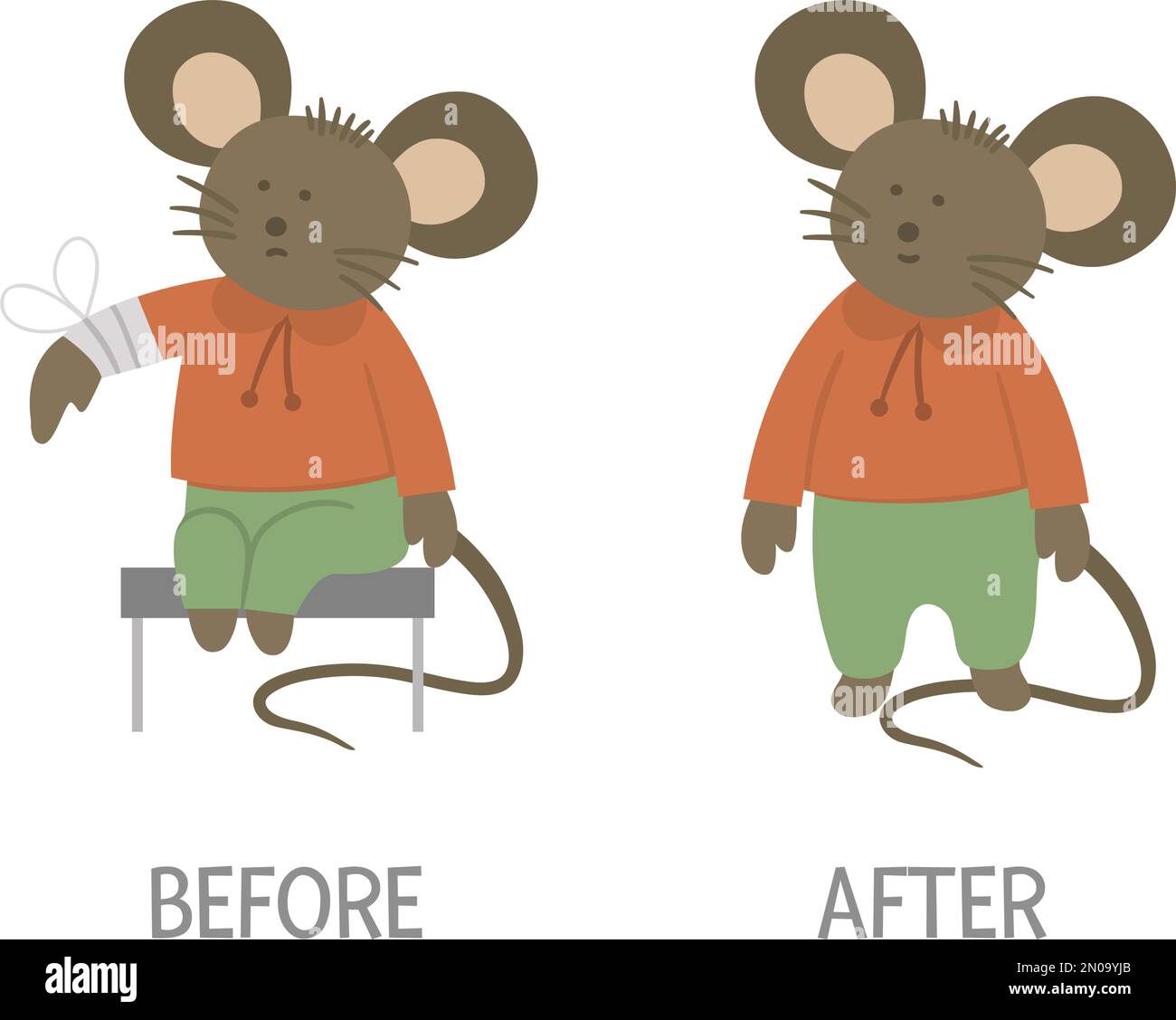 Vector ill animal versus healthy. Cute mouse with bandage on its arm ...