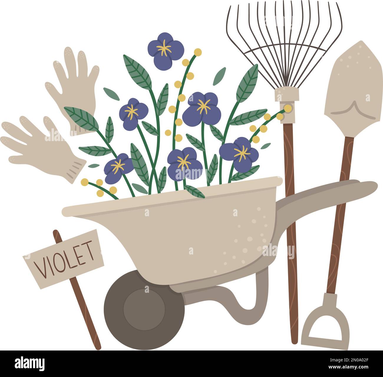 Vector illustration of colorful garden wheel barrow with violet flowers ...