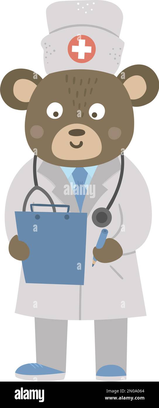 Vector bear doctor with stethoscope writing an anamnesis. Cute funny ...