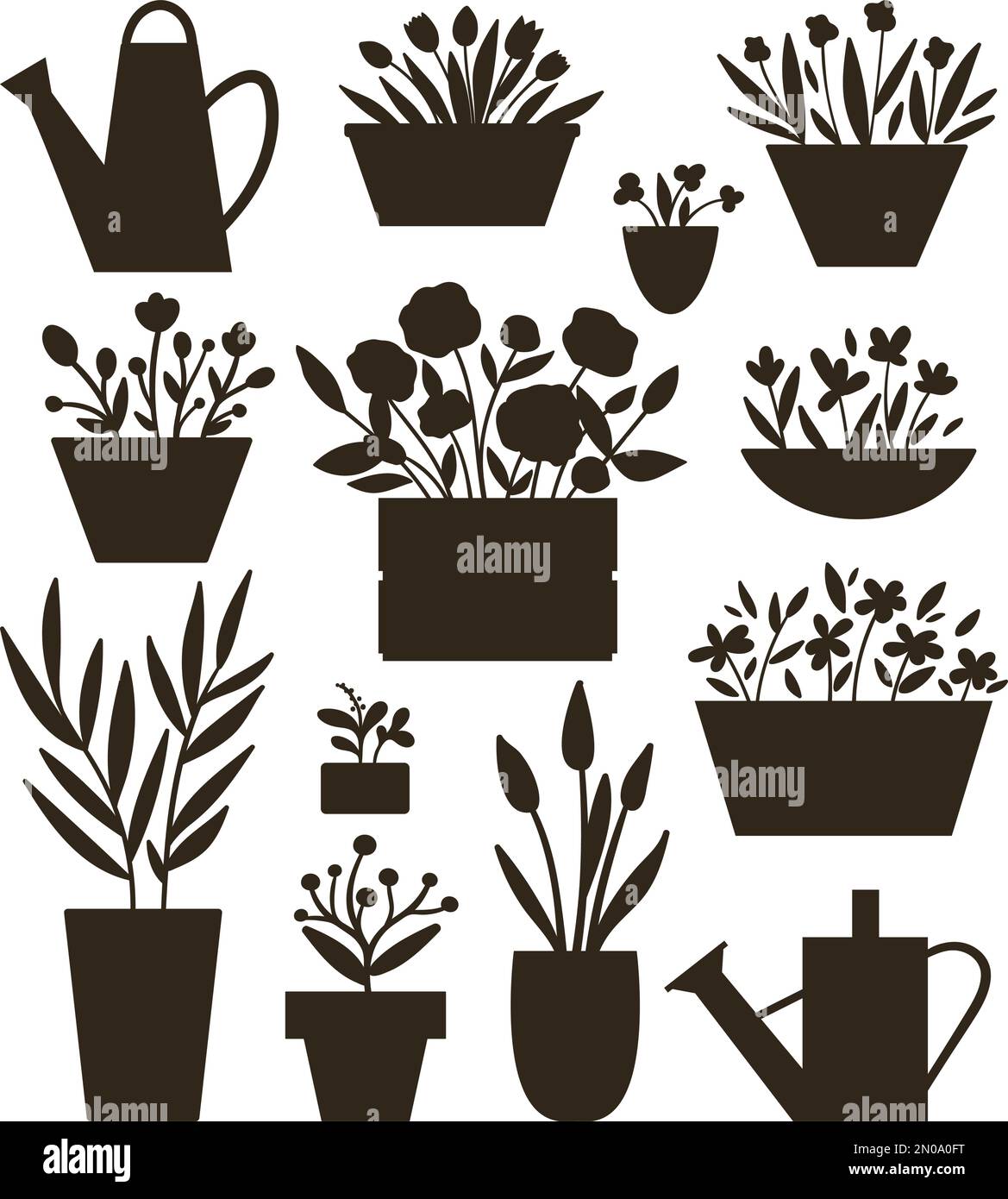 Vector illustration of plants in pots and beds with watering cans ...