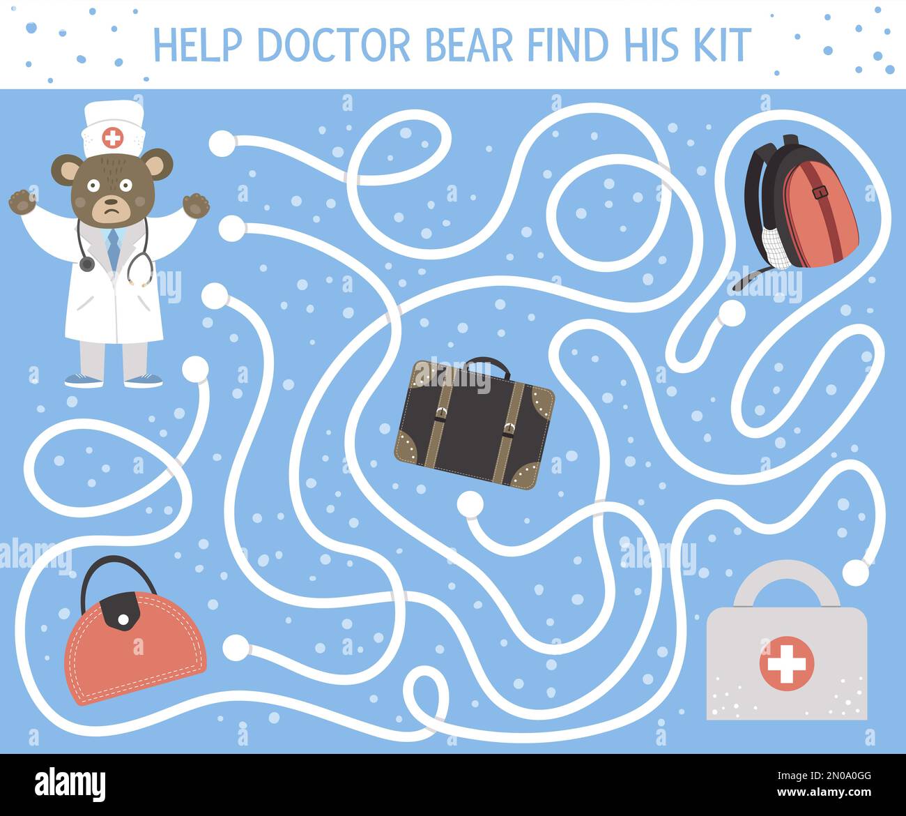 Medical maze for children. Preschool medicine activity. Funny puzzle game with cute doctor bear ...