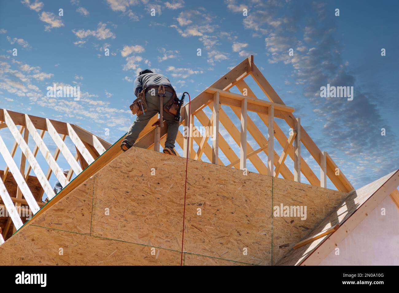 Build wooden roof rafters timber beams from framework of truss frames ...