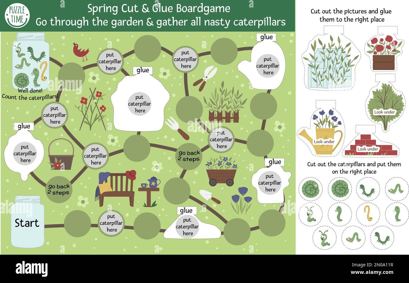 Garden adventure cut and glue board game for children with cute ...