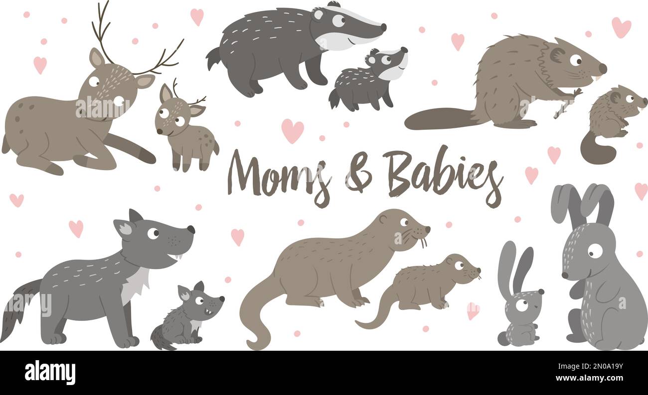 Vector set of hand drawn flat baby animals with parents. Funny woodland ...