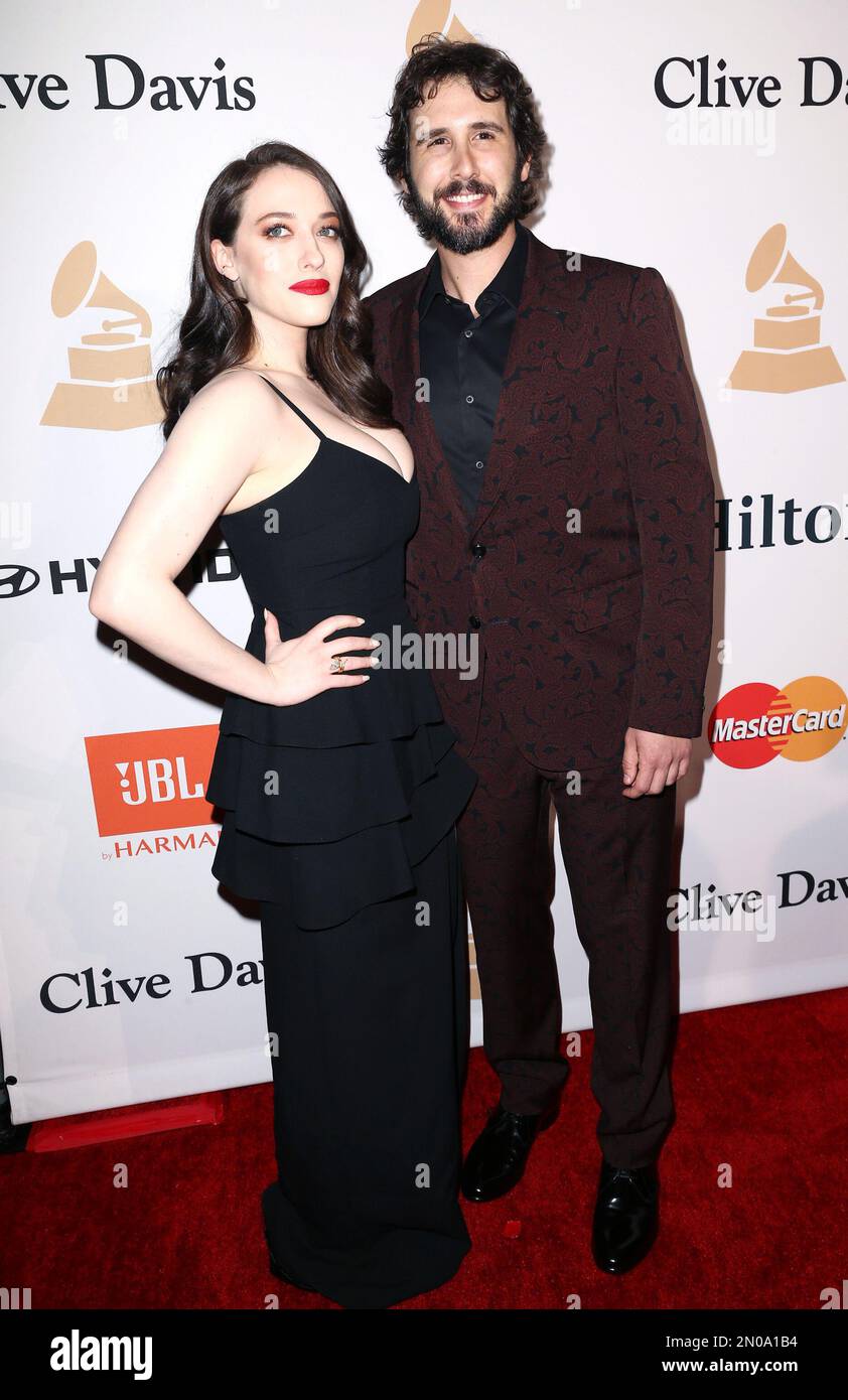 Kate Dennings, left, and Josh Groban arrive at the 2016 Clive Davis Pre ...