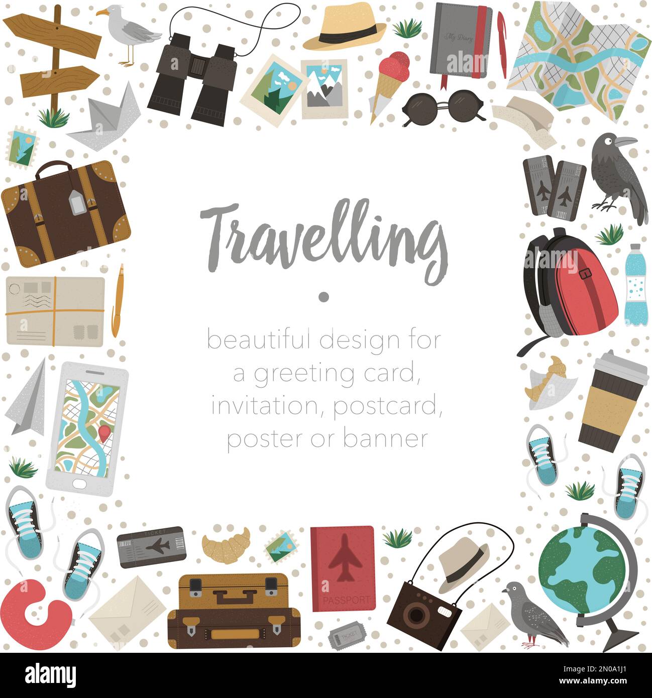 Vector square frame with travelling objects. Journey elements banner ...