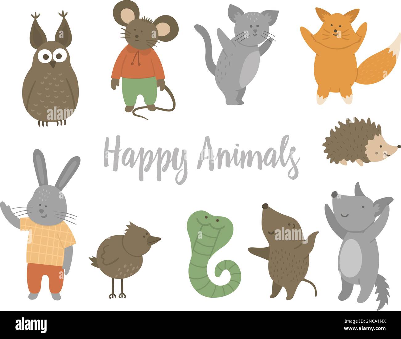 Set of vector happy animals. Cute funny characters isolated on white ...
