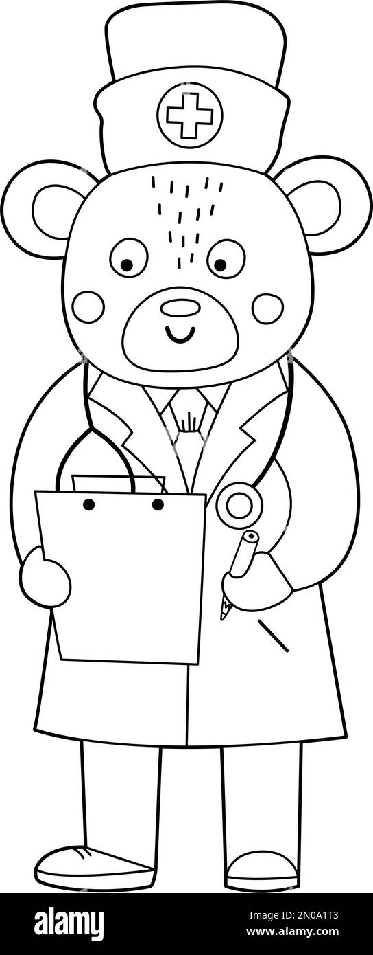 Vector outline bear doctor with stethoscope writing an anamnesis. Cute ...